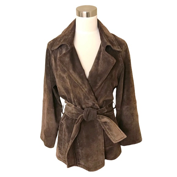 Vintage | Jackets & Coats | Vintage Leather Suede Jacket Trench Coat Belted Classic Dark Brown M ...